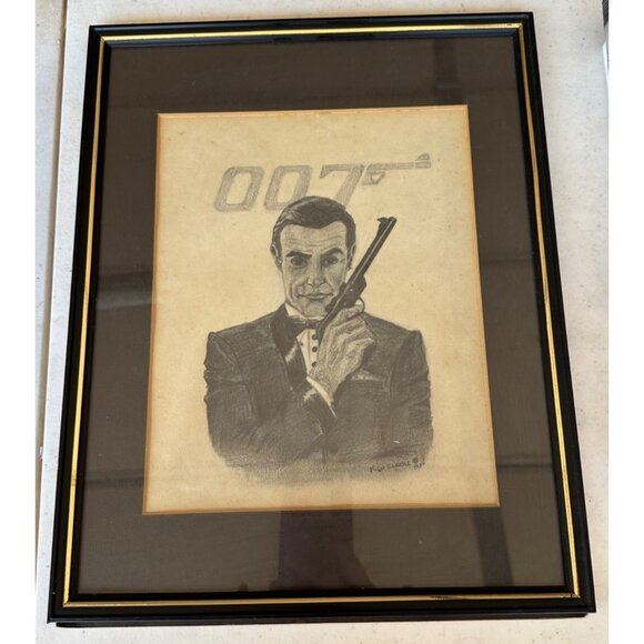 Unknown | Art | Vintage 987 James Bond 07 Pencil Drawing Framed Wall ...